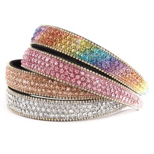 wecoe 4 pack rhinestone headbands - glitter sparkly diamond flower hair accessories for girls, women, homecoming, birthday gifts (pink, coffee, silver, rainbow color)