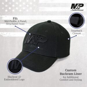 M&P by Smith and Wesson Mens Hat Classic Black Embroidered Logo Baseball Cap Officially Licensed, Black/Black