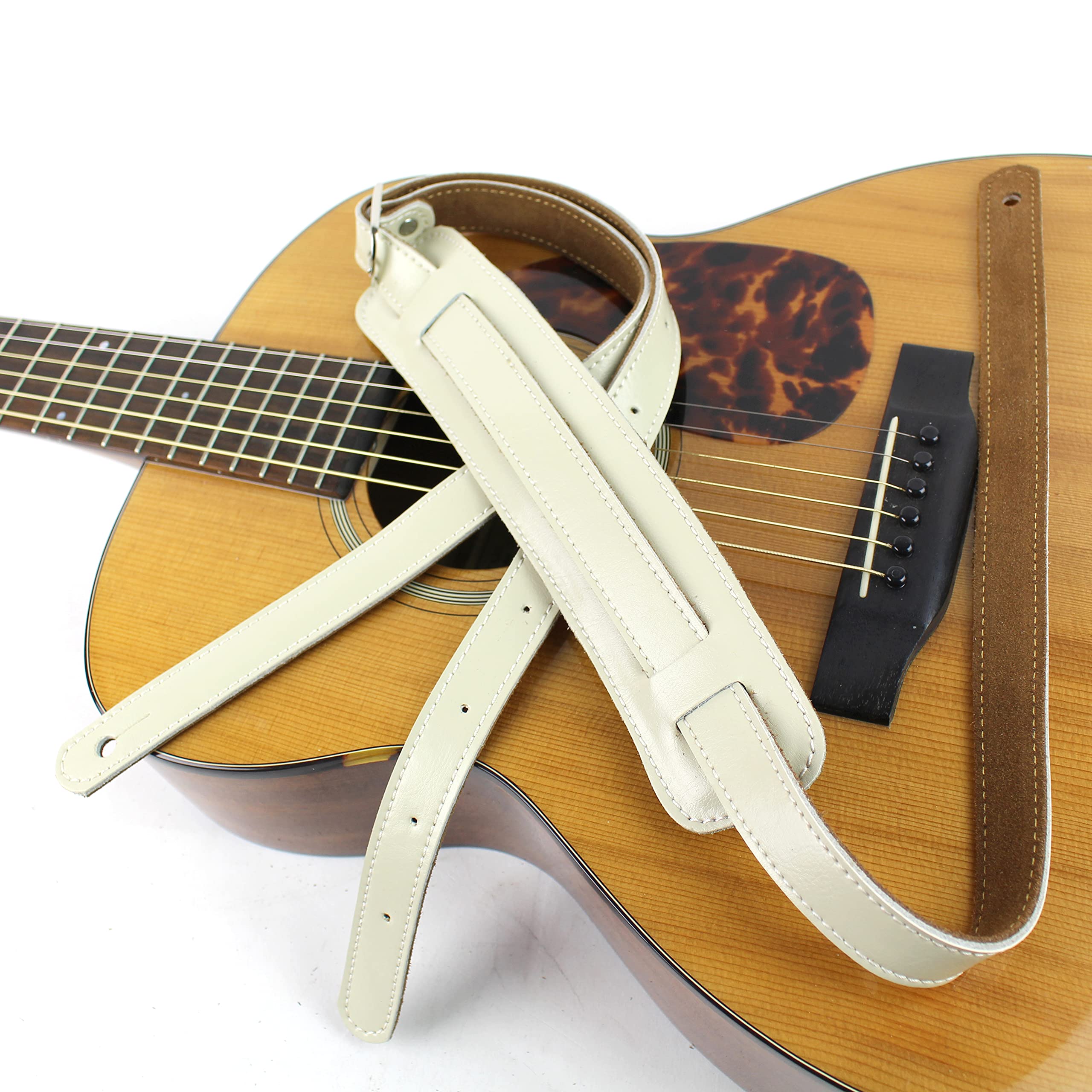 Walker And Williams C-18-WHT Aged White Premium Signature Grain Leather Vintage Style Guitar Strap With Deluxe Suede Pad Extra Long For Acoustic, Electric, And Bass Guitars