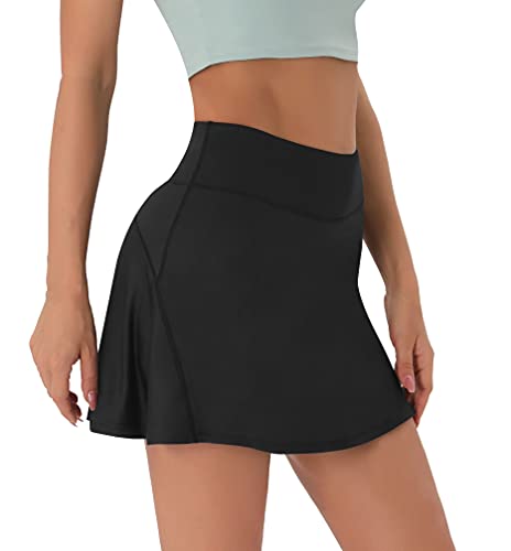 PERSIT Womens Tennis Golf Skirts Athletic Pleated High Waisted Skorts with Pockets for Workout Sports Running - Black - M