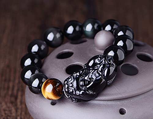 TTXSHYH Black Obsidian Bracelet,Feng Shui Black Obsidian Wealth Bracelet,Women Men Stretch Obsidian Bracelet with Pixiu Tiger Eye Stone Attract Wealth Money and Good Luck