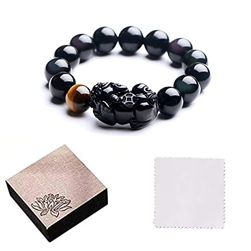 TTXSHYH Black Obsidian Bracelet,Feng Shui Black Obsidian Wealth Bracelet,Women Men Stretch Obsidian Bracelet with Pixiu Tiger Eye Stone Attract Wealth Money and Good Luck