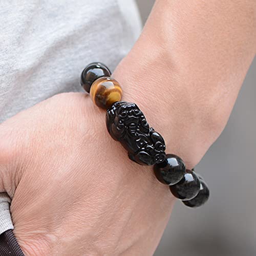 TTXSHYH Black Obsidian Bracelet,Feng Shui Black Obsidian Wealth Bracelet,Women Men Stretch Obsidian Bracelet with Pixiu Tiger Eye Stone Attract Wealth Money and Good Luck