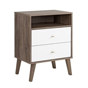 prepac milo 2-drawer tall nightstand with open shelf, drifted gray and white