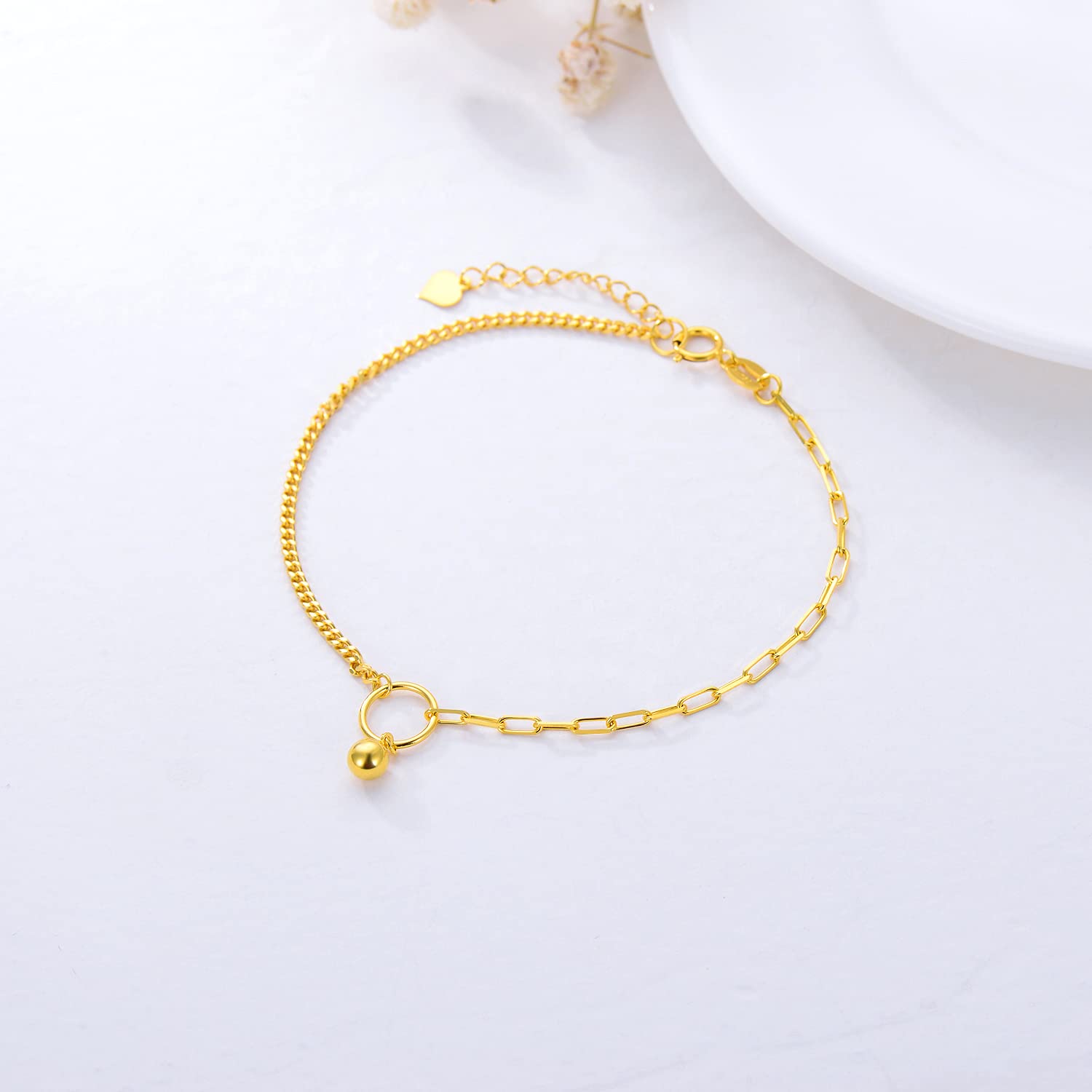 18K Solid Gold Paperclip Chain Bracelet for Women, Delicate Gold Cuban Link Chain Bracelet Anniversary Jewelry Gifts for Mom, Wife, 6.4-7.5 Inch