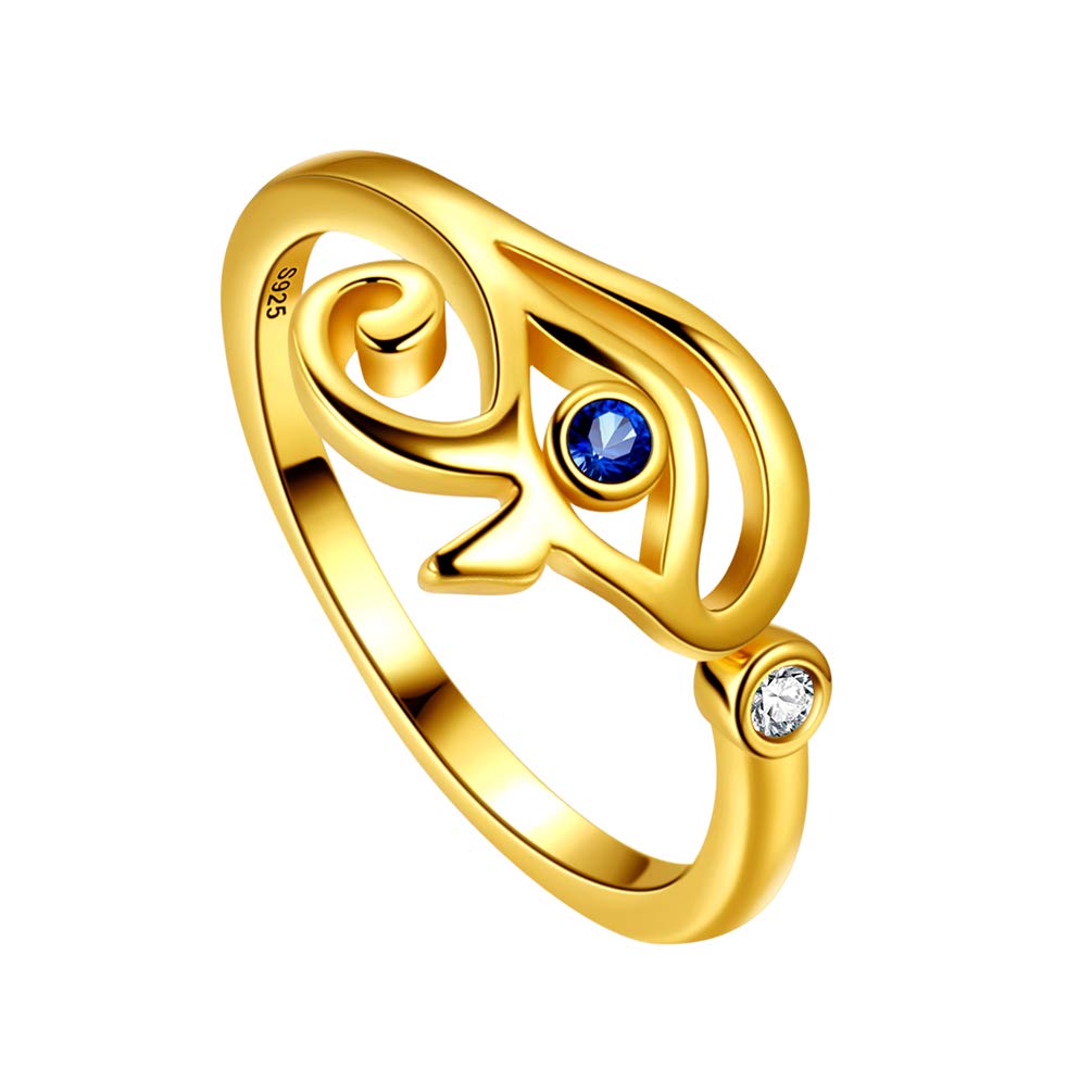 Egyptian Eye of Horus Ring Women 18K Gold Over 925 Sterling Silver Adjustable Horus Eye of Ra Open Ring Promise Ring Protectin Jewelry for Mothers day Christmas Day Gifts for Women Mom FR0010Y