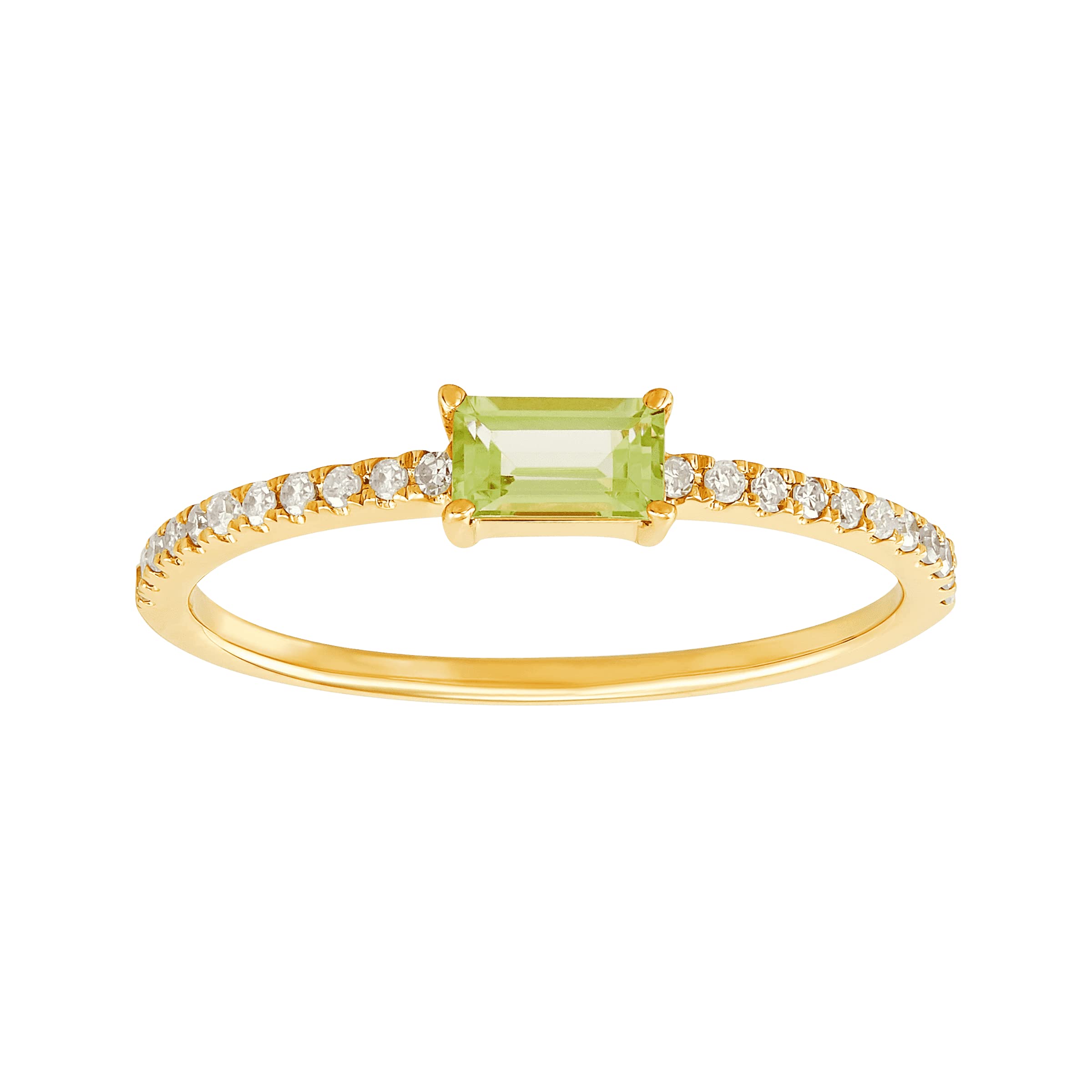 Welry Emerald-Cut Natural Peridot Ring with 1/10 cttw Diamonds in 14K Yellow Gold, Size 8