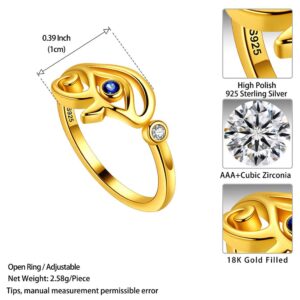 Egyptian Eye of Horus Ring Women 18K Gold Over 925 Sterling Silver Adjustable Horus Eye of Ra Open Ring Promise Ring Protectin Jewelry for Mothers day Christmas Day Gifts for Women Mom FR0010Y