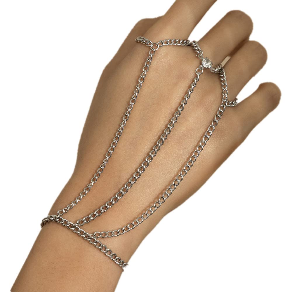 Asphire Punk Layered Chain Tassel Bracelet with Finger Ring Hand Harness Slave Bracelet Boho Wrist Chain for Women Teens Girls (Silver)