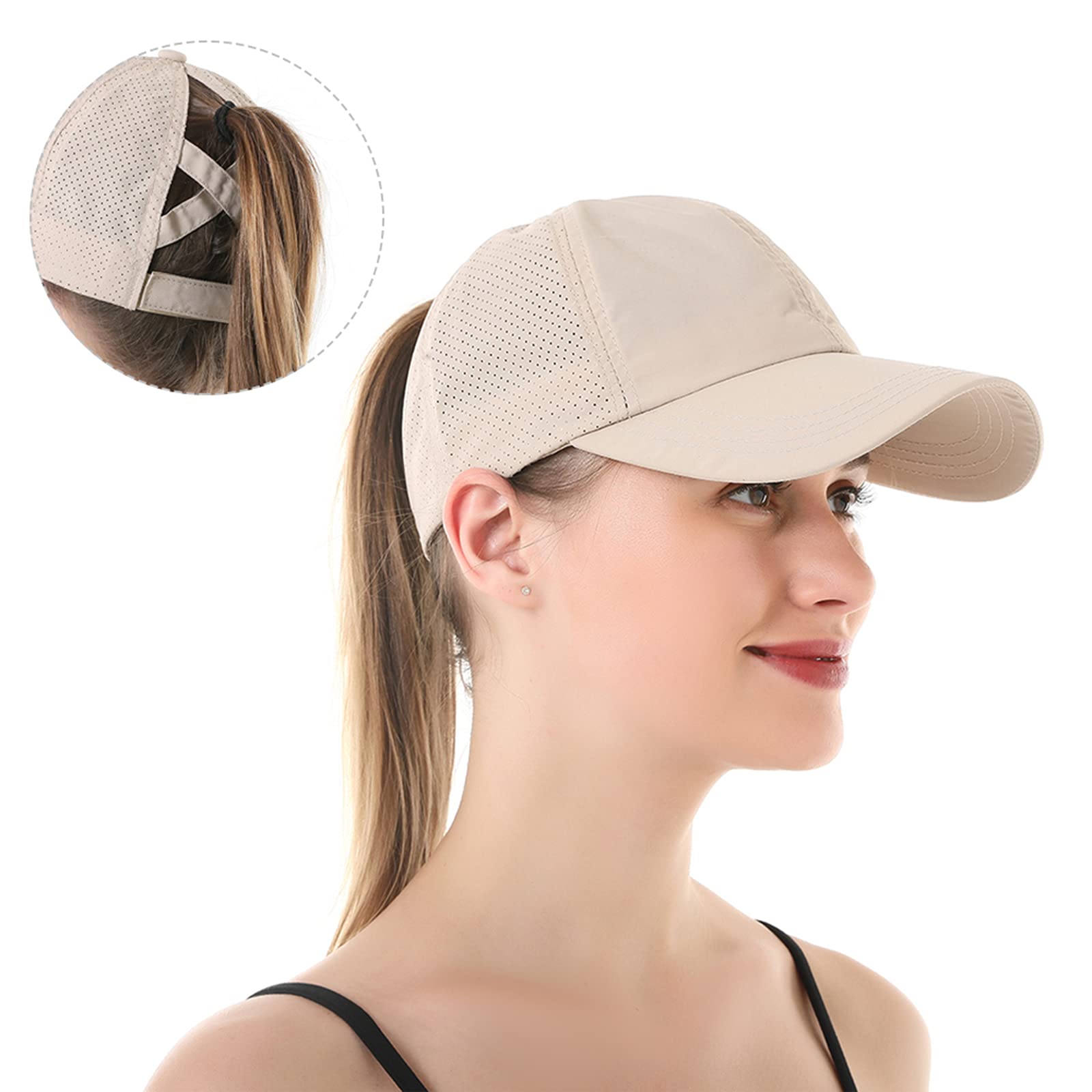 Muryobao Womens Criss Cross Ponytail Baseball Cap Adjustable High Messy Bun Ponycap Trucker Hats Quick Drying Mesh Dad Hat for Outdoor Sports Travel Khaki