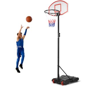 gymax basketball hoop, 7.1-8.1ft adjustable portable basketball goal w/shatterproof backboard, 2 wheels & nets, indoor/outdoor basketball hoop stand system for kids, teens, adult, gym, driveway