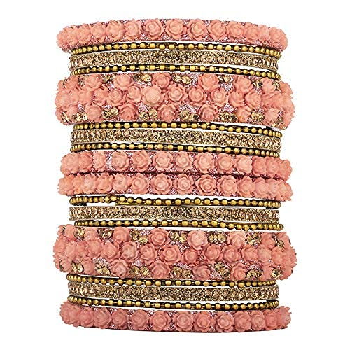 Aheli Ethnic Colorful Metal Bangles Chudha Set Stone Studded Bangle Set Indian Wedding Wear Fashion Jewelry for Women & Girls Peach