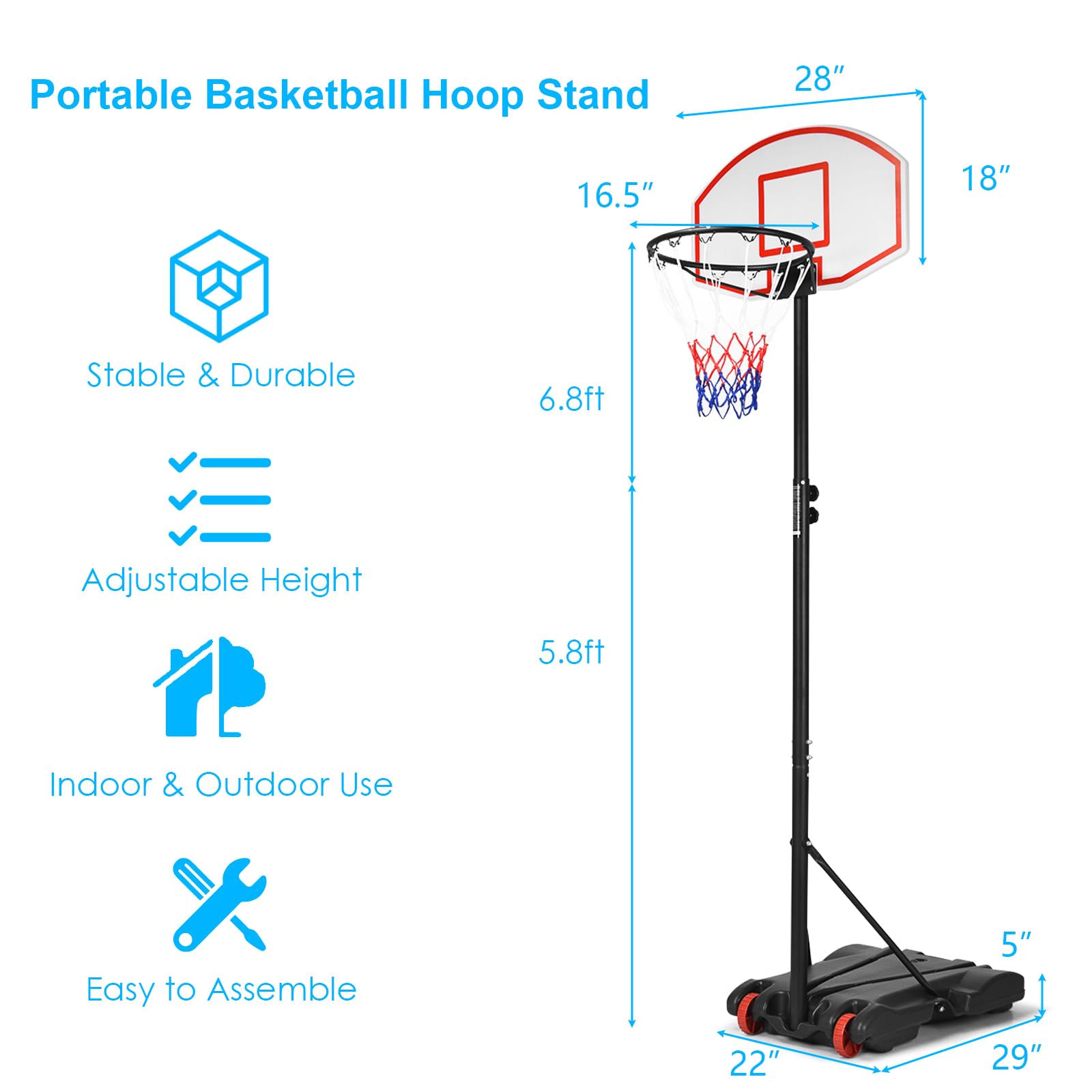 GYMAX Basketball Hoop, 7.1-8.1FT Adjustable Portable Basketball Goal w/Shatterproof Backboard, 2 Wheels & Nets, Indoor/Outdoor Basketball Hoop Stand System for Kids, Teens, Adult, Gym, Driveway