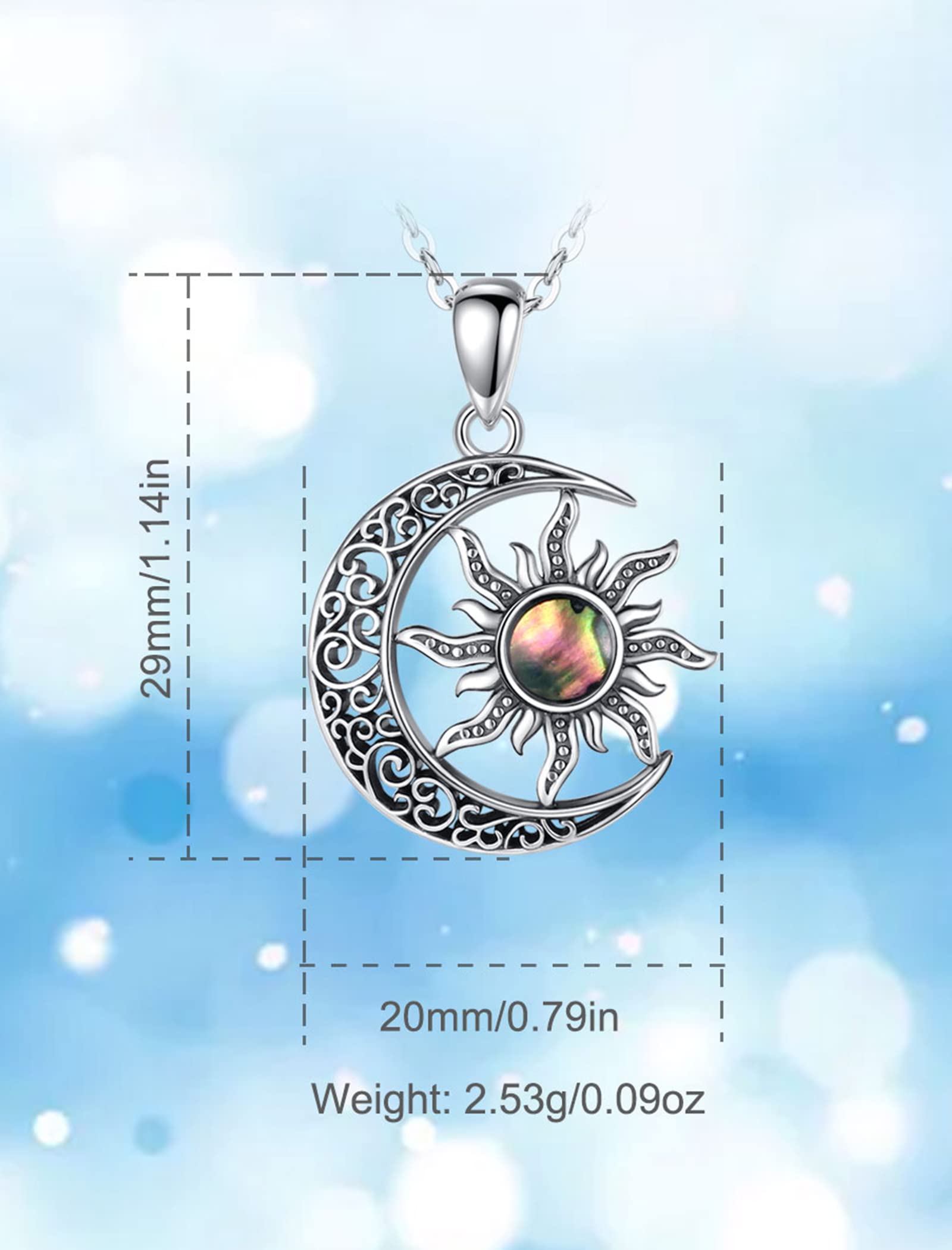 NFUSEU Sun and Moon Necklace Sterling Silver for Women Witchy Jewelry Crescent Moon Pendant Twitches Abalone Vintage Oxidized Black Birthday Gifts, 18 Inch Chain