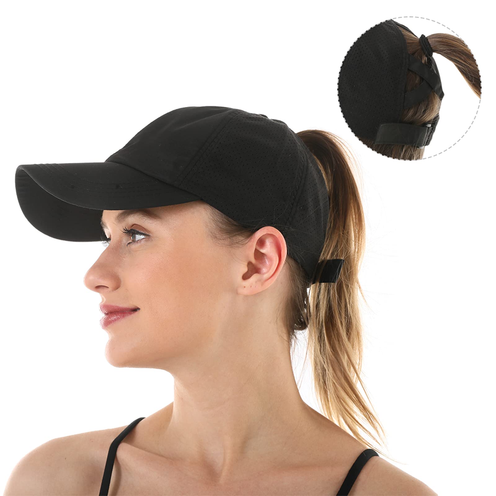 Muryobao Womens Criss Cross Ponytail Baseball Cap Adjustable High Messy Bun Ponycap Trucker Hats Quick Drying Mesh Dad Hat for Outdoor Sports Travel Black