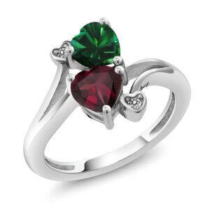 gem stone king 925 sterling silver green nano emerald red rhodolite garnet and white diamond ring for women (1.45 cttw, heart shape 6mm, gemstone may birthstone, available in size 5, 6, 7, 8, 9)