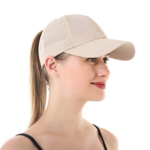 Muryobao Womens Criss Cross Ponytail Baseball Cap Adjustable High Messy Bun Ponycap Trucker Hats Quick Drying Mesh Dad Hat for Outdoor Sports Travel Khaki