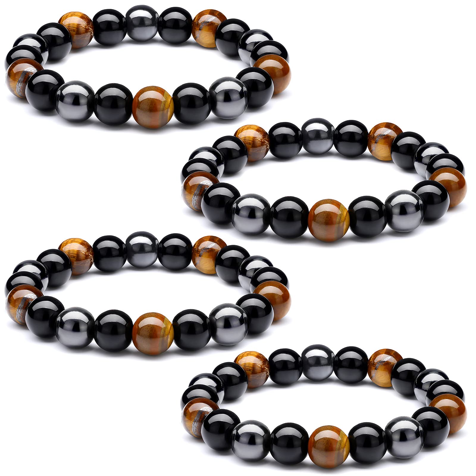 Hicarer 4 Pieces Bracelet Tiger Eye Beads Bracelet Lava Stone Essential Oil Diffuser Bracelets Stress Relief and Anxiety Bracelet, Healing Crystal Yoga Bracelet for Men Women(Basic Style)