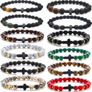 wainis 12 pcs 8mm beads bracelet for men women lava rock tiger eye stone howlite stone stretch elastic bracelet set