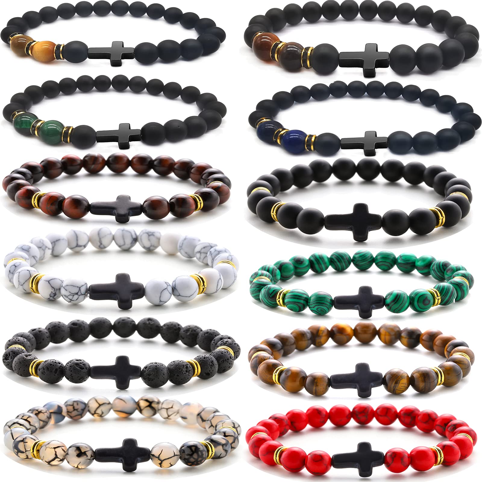 WAINIS 12 Pcs 8MM Beads Bracelet for Men Women Lava Rock Tiger Eye Stone Howlite Stone Stretch Elastic Bracelet Set