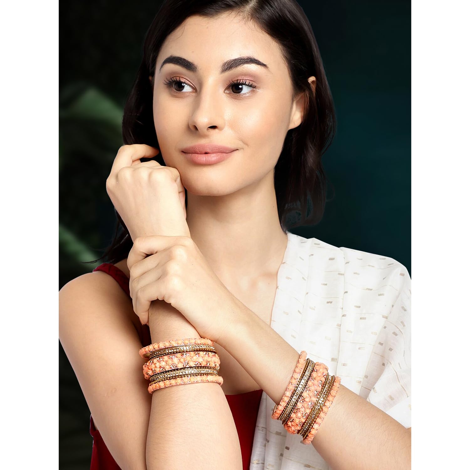 Aheli Ethnic Colorful Metal Bangles Chudha Set Stone Studded Bangle Set Indian Wedding Wear Fashion Jewelry for Women & Girls Peach