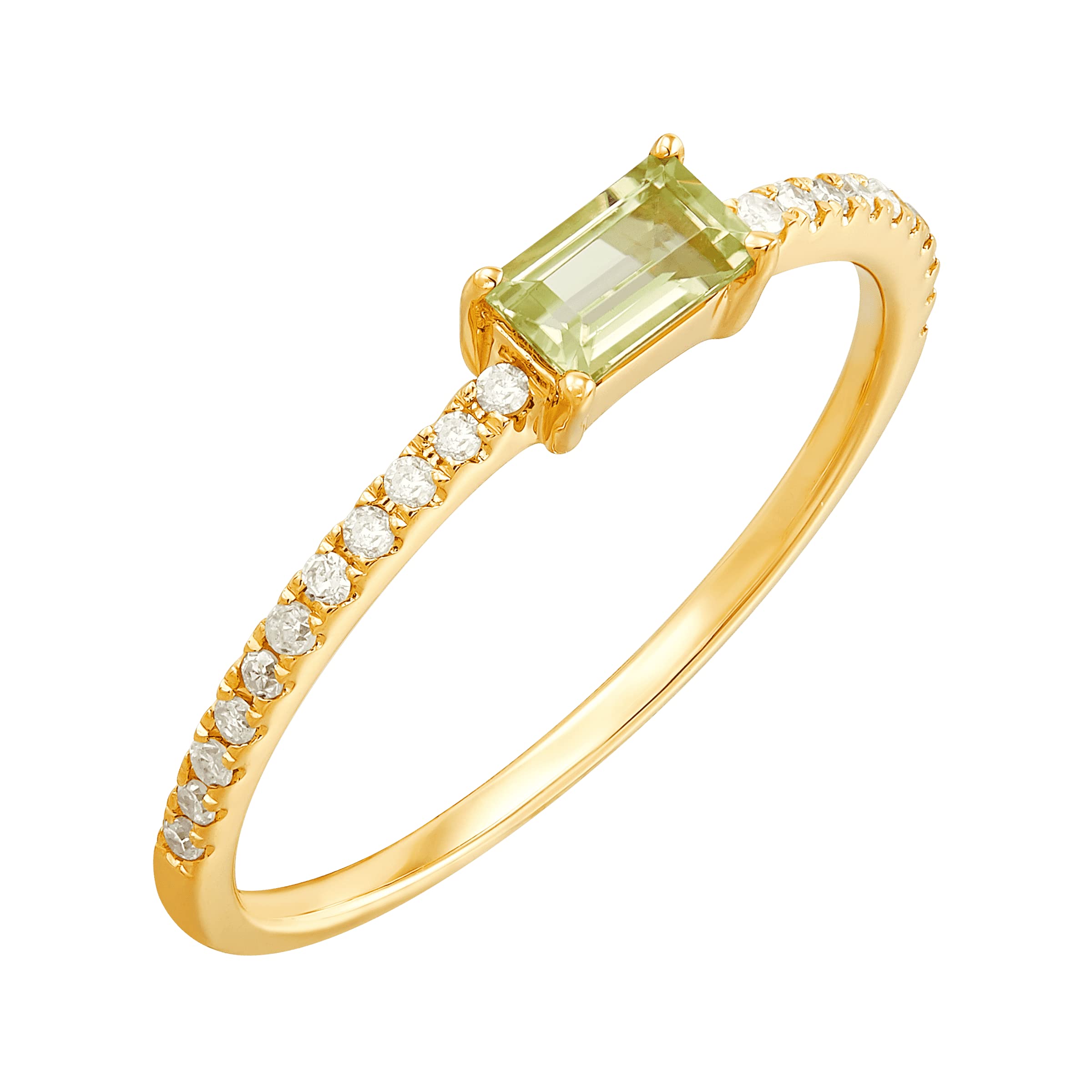 Welry Emerald-Cut Natural Peridot Ring with 1/10 cttw Diamonds in 14K Yellow Gold, Size 8