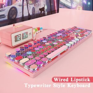 HUO JI Mechanical Gaming Keyboard Typewriter Style with RGB Side Lit and Rainbow Backlit, Retro Style, Blue Switches - Clicky, Metal Panel, Lipstick 104 Keys USB Wired for Mac, PC, Cute Pink