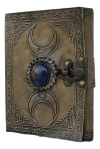 celtic leather grimorie journal, triple moon charcoal blank spell witch journal, book of shadows wiccan pagan journal daily clasp lock, third eye lapiz blue stone journal, handmade unlined leather