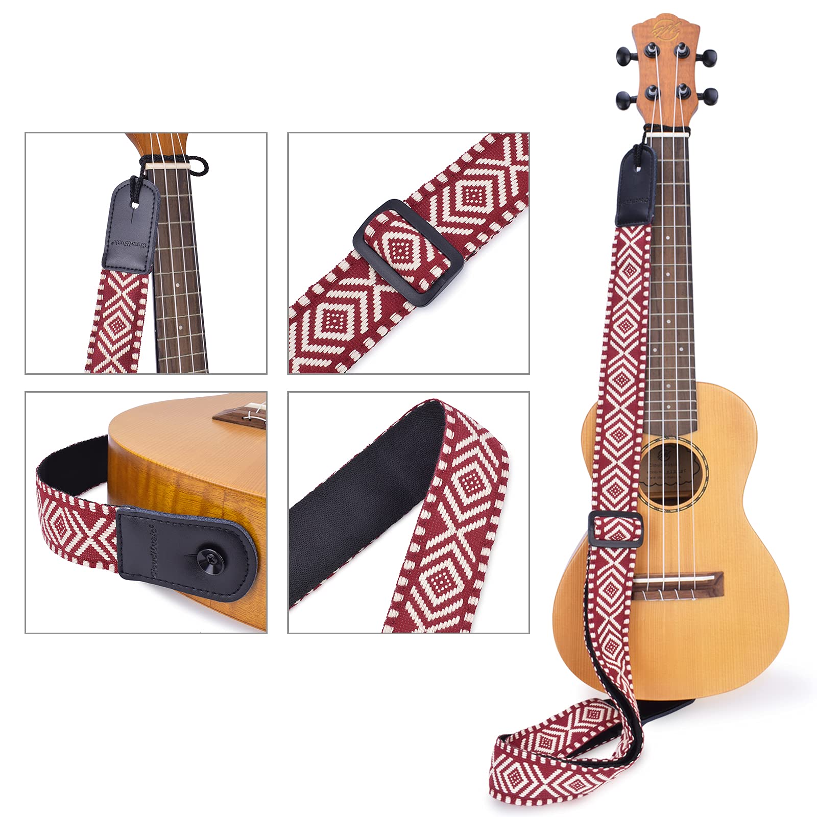 CLOUDMUSIC Tenor Concert Soprano Baritone Ukulele Strap Coloful Hawaii Floral Jacquard For Adult Size And Kids(Ethnic Red)