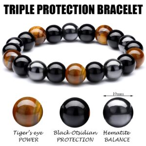 Hicarer 4 Pieces Bracelet Tiger Eye Beads Bracelet Lava Stone Essential Oil Diffuser Bracelets Stress Relief and Anxiety Bracelet, Healing Crystal Yoga Bracelet for Men Women(Basic Style)