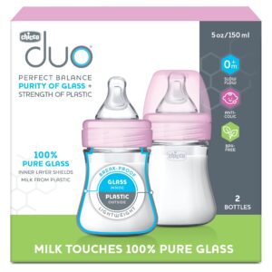 Chicco Duo 5oz. Hybrid Baby Bottle with Invinci-Glass Inside and Plastic Outside | Dishwasher, Bottle Warmer, and Electric Sterilizer Safe | Intui-Latch Nipple | Clear/Grey, 2pk