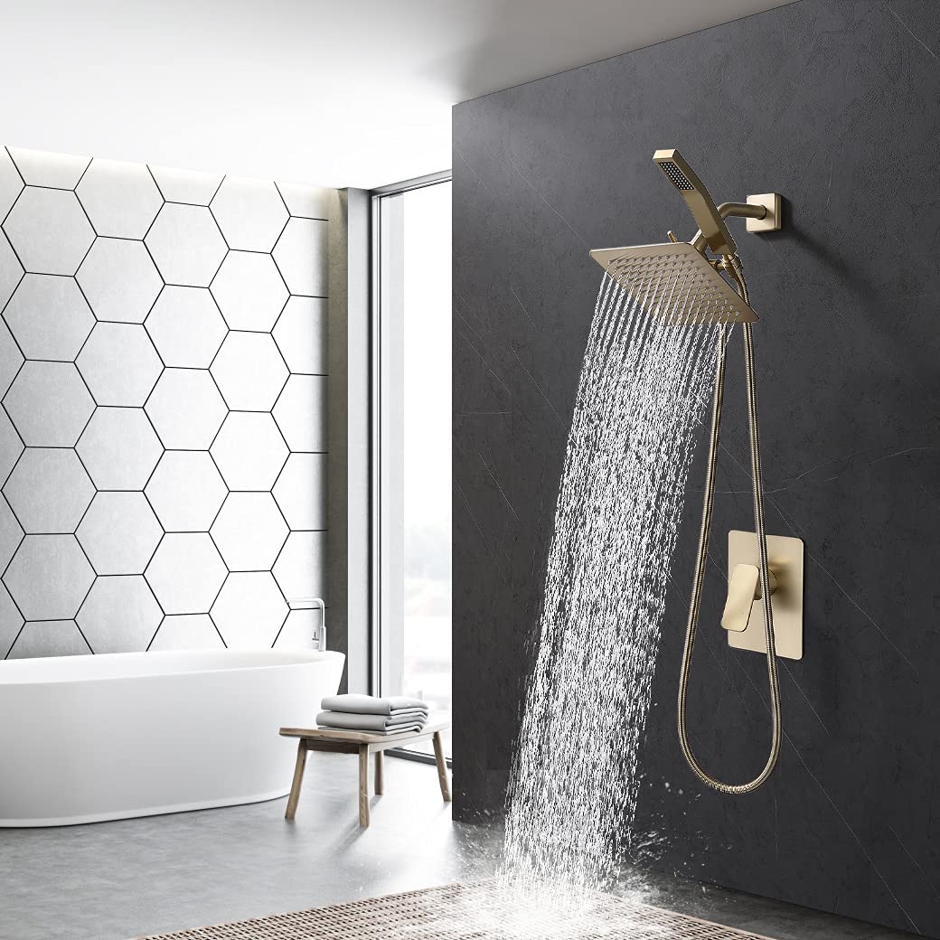 All Metal Shower Faucet Set, Dual Square Shower Head System with Handheld Wand & Rainfall Showerhead, Diverter, Hose Complete Combo, Pressure Balance Rough-in Valve Included