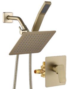 all metal shower faucet set, dual square shower head system with handheld wand & rainfall showerhead, diverter, hose complete combo, pressure balance rough-in valve included