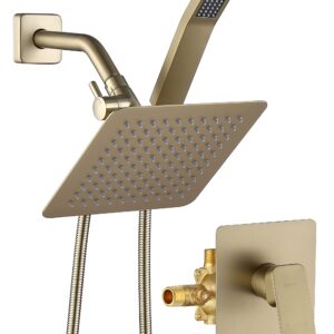 All Metal Shower Faucet Set, Dual Square Shower Head System with Handheld Wand & Rainfall Showerhead, Diverter, Hose Complete Combo, Pressure Balance Rough-in Valve Included