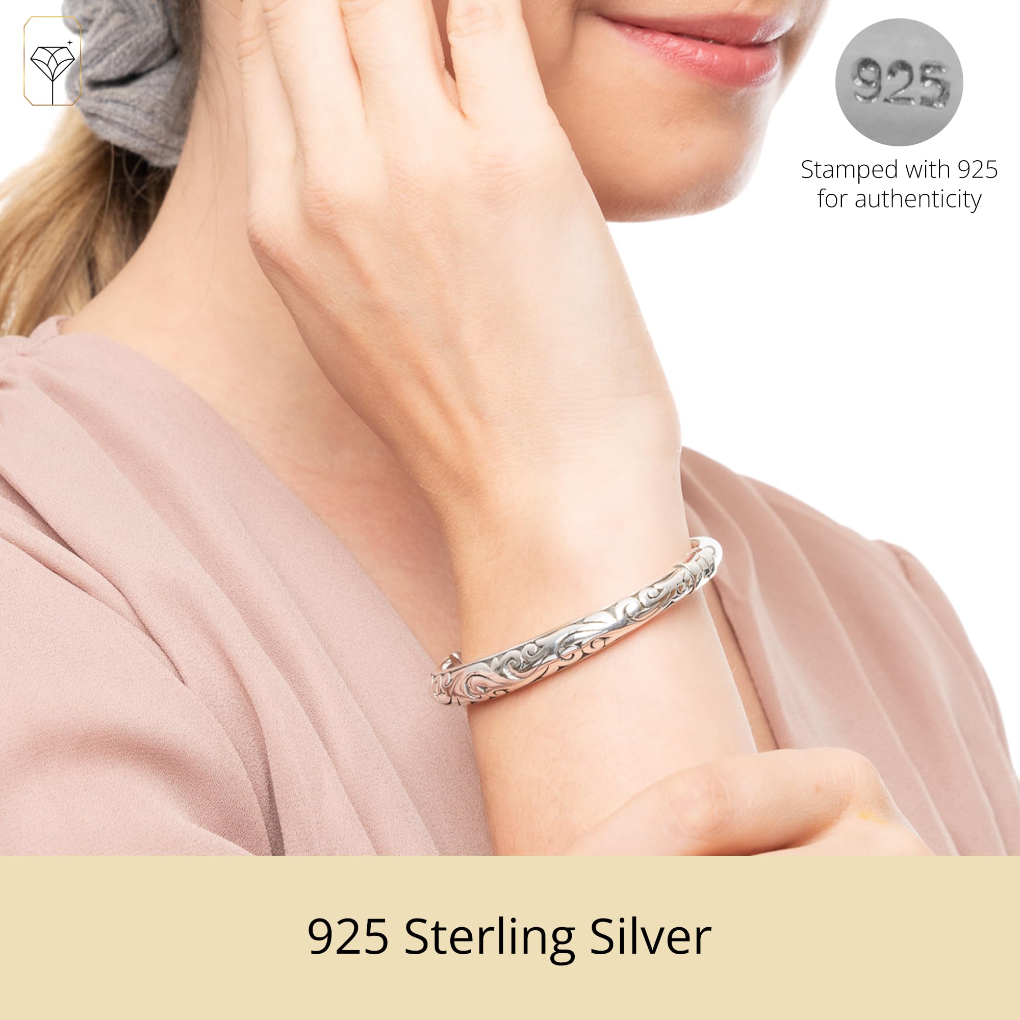 MAX + STONE Lightweight 925 Sterling Silver Bracelet for Women | 7 Inch Filigree Bracelet with Hinged Clasp | Anti-tarnishing Sterling Silver Bangle Bracelet for Women | Silver Bangles for Women