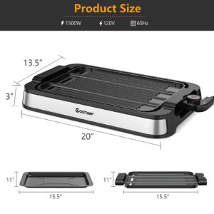 COSTWAY 2-in-1 Smokeless Indoor Grill, 1500W Electric Griddle w/Non-stick Reversible Cooking Plate, Large Drip Tray, Temperature Control, Dishwasher-safe