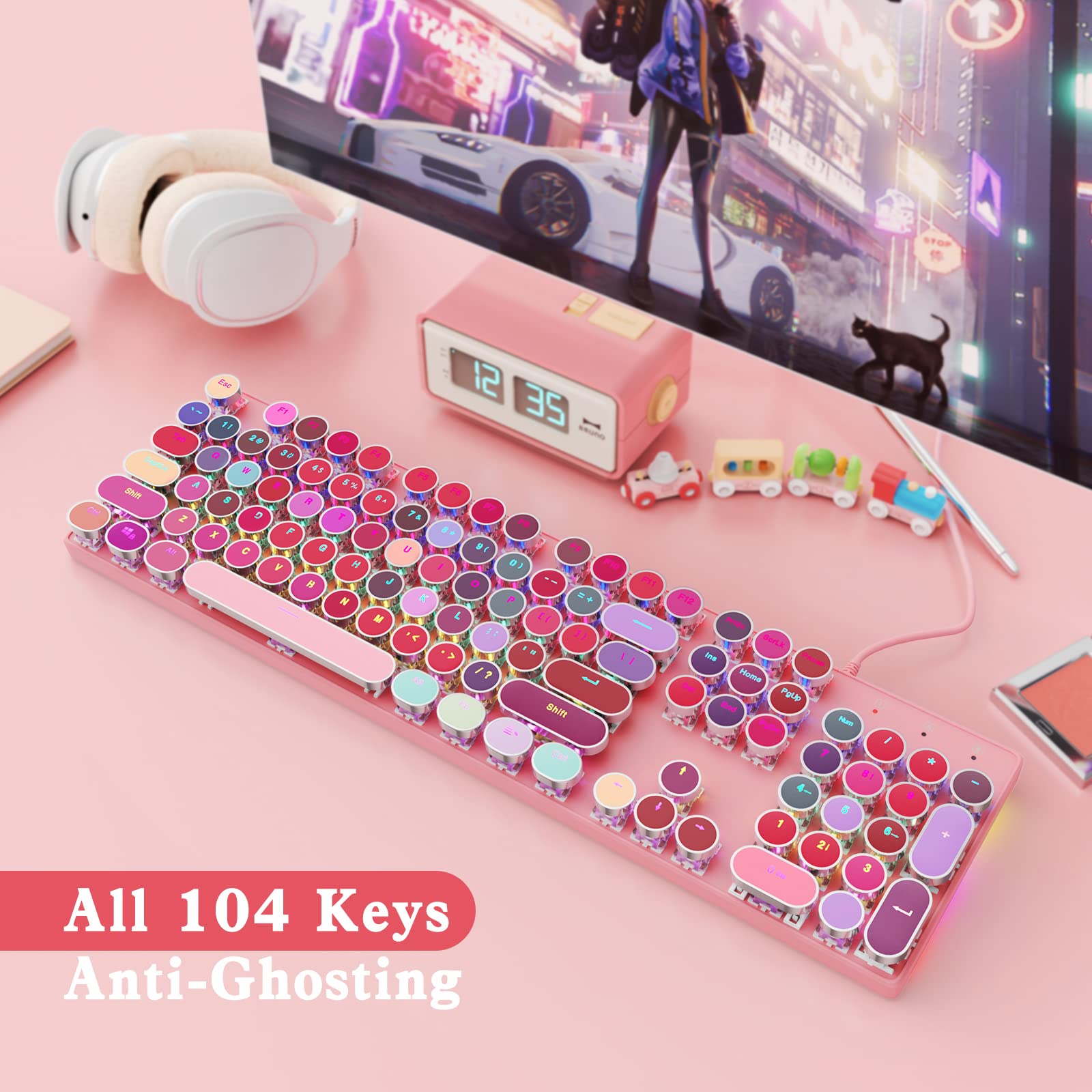 HUO JI Mechanical Gaming Keyboard Typewriter Style with RGB Side Lit and Rainbow Backlit, Retro Style, Blue Switches - Clicky, Metal Panel, Lipstick 104 Keys USB Wired for Mac, PC, Cute Pink