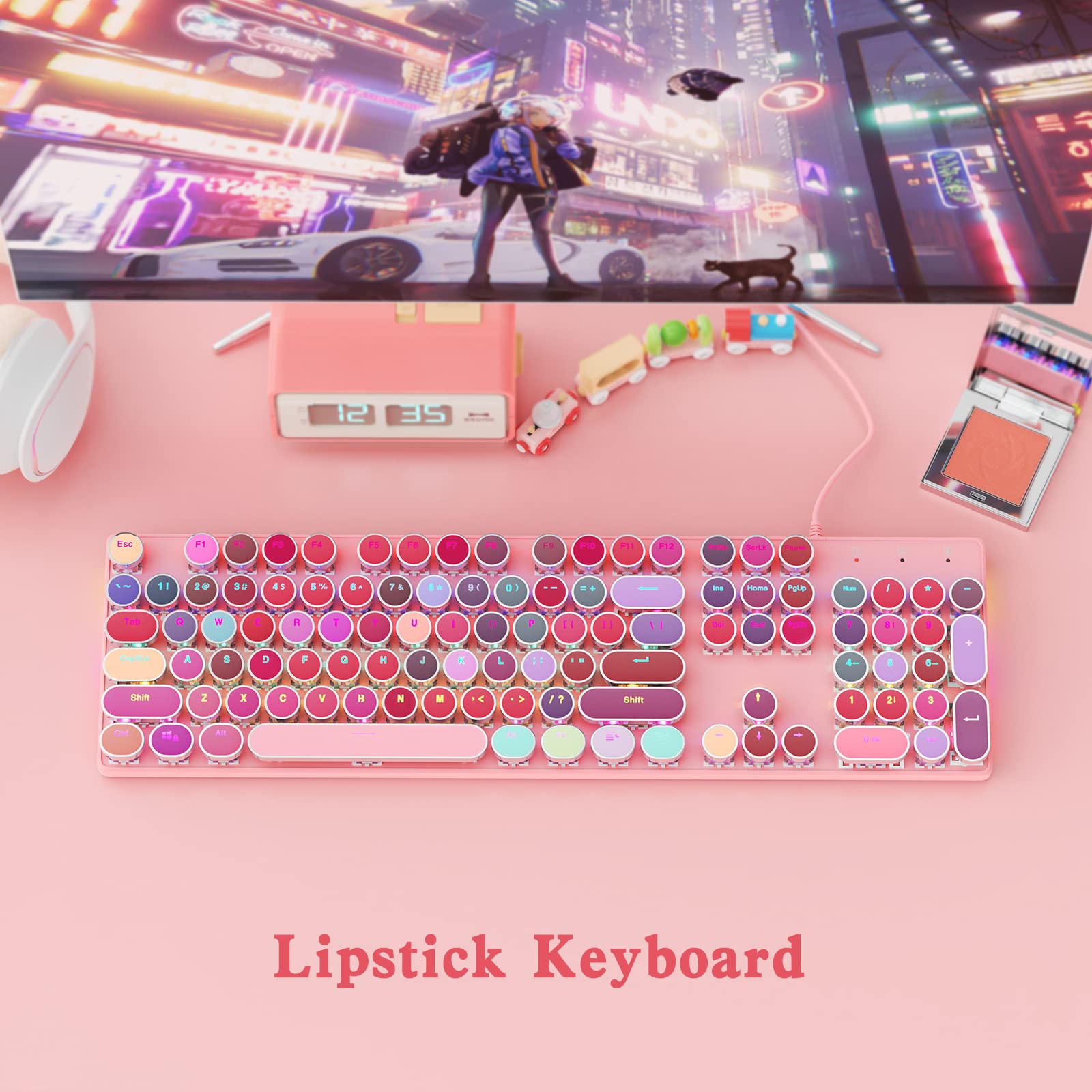 HUO JI Mechanical Gaming Keyboard Typewriter Style with RGB Side Lit and Rainbow Backlit, Retro Style, Blue Switches - Clicky, Metal Panel, Lipstick 104 Keys USB Wired for Mac, PC, Cute Pink