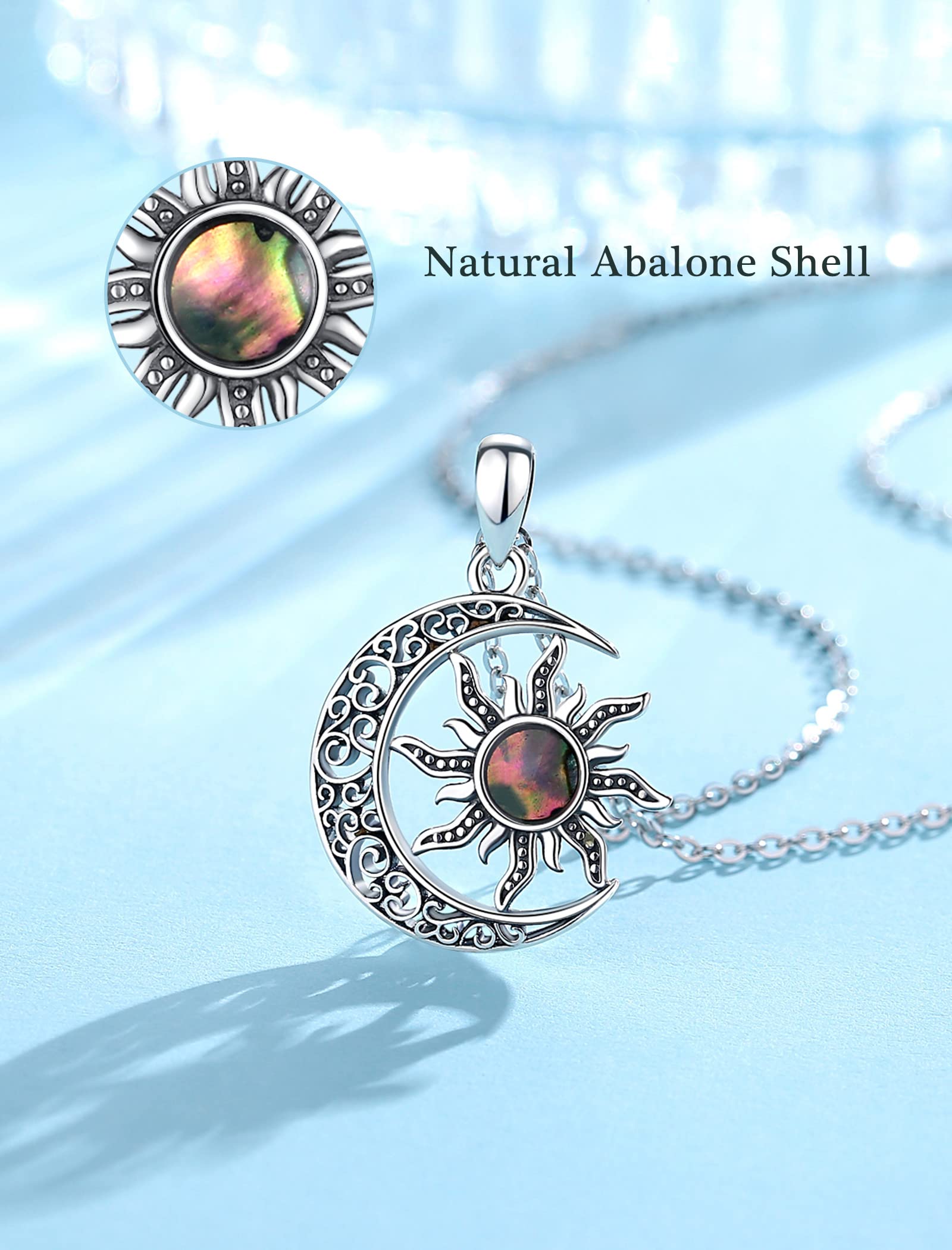 NFUSEU Sun and Moon Necklace Sterling Silver for Women Witchy Jewelry Crescent Moon Pendant Twitches Abalone Vintage Oxidized Black Birthday Gifts, 18 Inch Chain