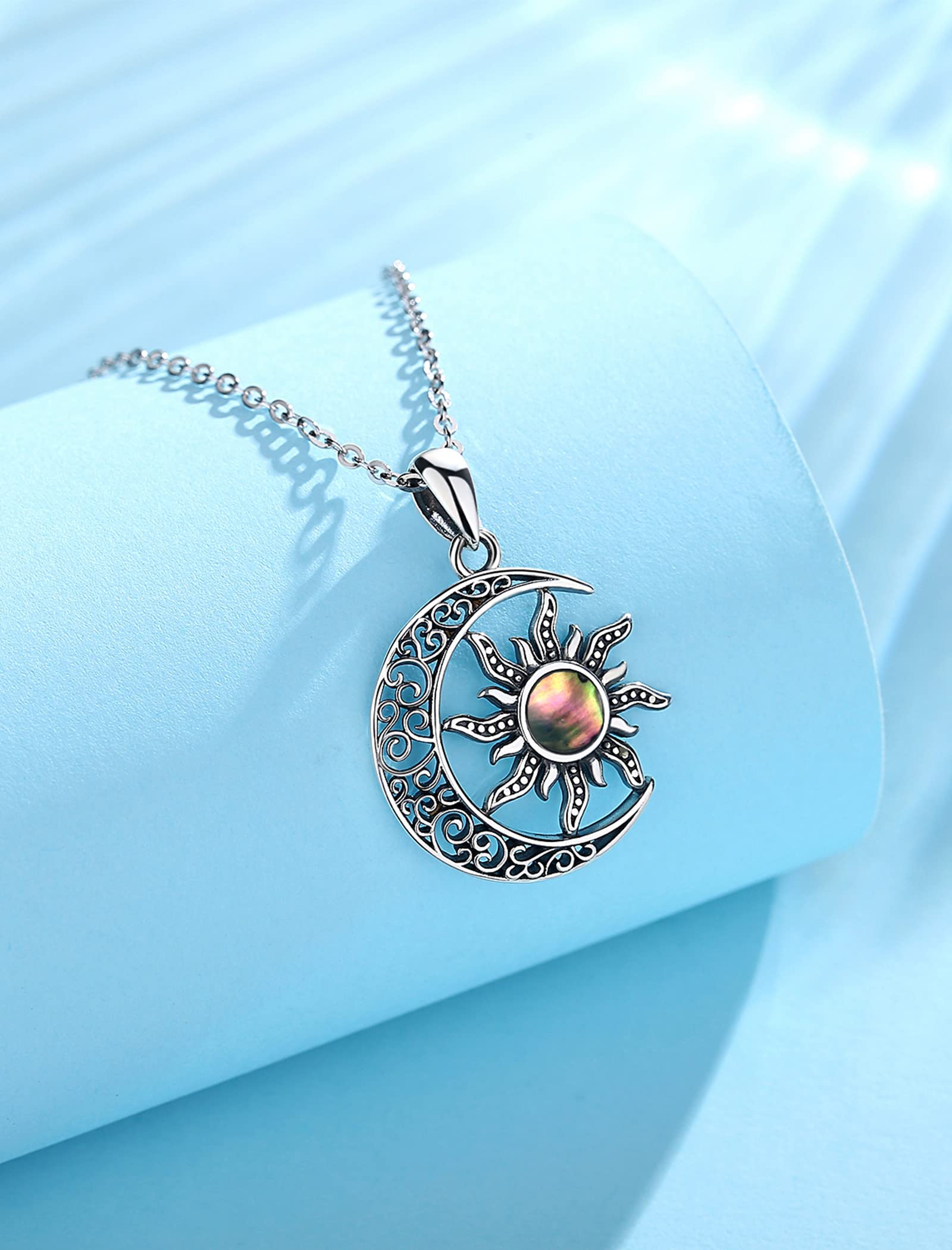 NFUSEU Sun and Moon Necklace Sterling Silver for Women Witchy Jewelry Crescent Moon Pendant Twitches Abalone Vintage Oxidized Black Birthday Gifts, 18 Inch Chain