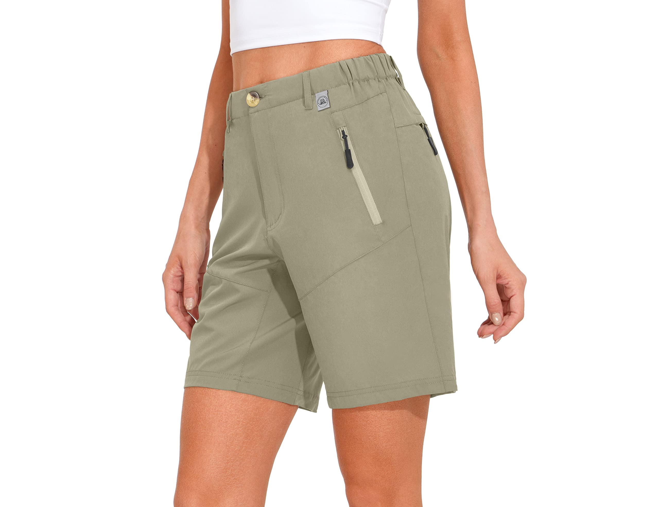 Mapamyumco Women’s Hiking Shorts Quick Dry Stretch for Golf Outdoor Camping Travel, Zipper Pockets Khaki S