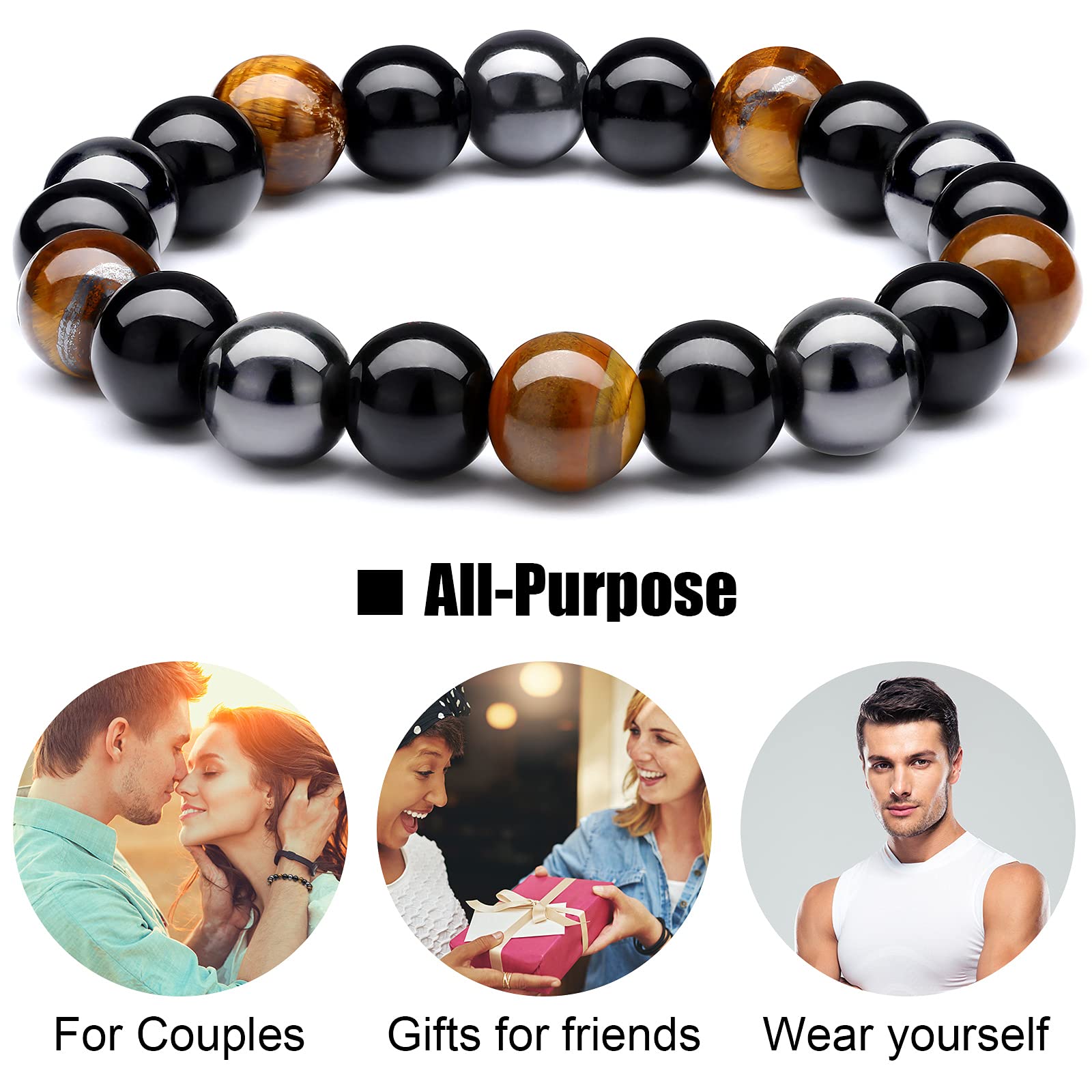 Hicarer 4 Pieces Bracelet Tiger Eye Beads Bracelet Lava Stone Essential Oil Diffuser Bracelets Stress Relief and Anxiety Bracelet, Healing Crystal Yoga Bracelet for Men Women(Basic Style)