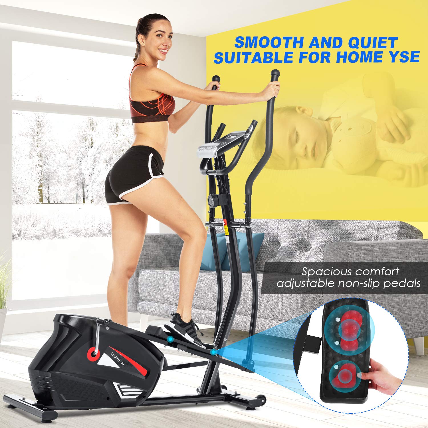 Elliptical Exercise Machine with APP, Heavy-Duty Elliptical Cross Trainer for Home Use, 10-Level Resistance, Max User Weight 390 lbs, Ideal for Indoor Workout & Fitness