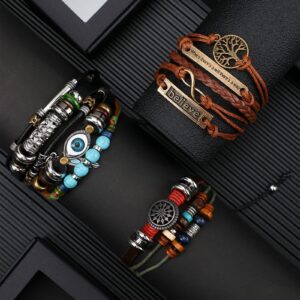 Hicarer 3 Pieces Multilayer Woven Leather Bracelets Western Bracelets Gifts for Women Beaded Bohemia Bracelet Evil Eye Boho Handmade Pu Bracelet Wristbands Bracelet for Men Women