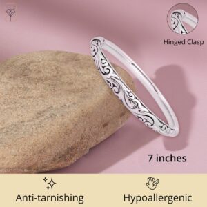 MAX + STONE Lightweight 925 Sterling Silver Bracelet for Women | 7 Inch Filigree Bracelet with Hinged Clasp | Anti-tarnishing Sterling Silver Bangle Bracelet for Women | Silver Bangles for Women