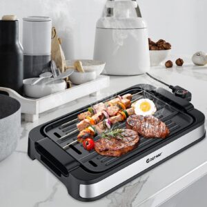 COSTWAY 2-in-1 Smokeless Indoor Grill, 1500W Electric Griddle w/Non-stick Reversible Cooking Plate, Large Drip Tray, Temperature Control, Dishwasher-safe