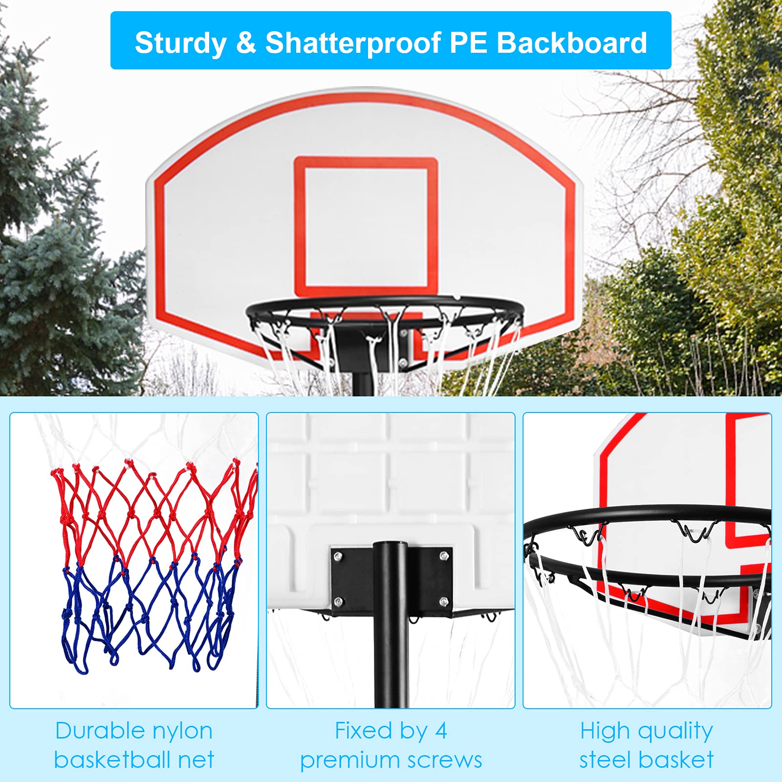 GYMAX Basketball Hoop, 7.1-8.1FT Adjustable Portable Basketball Goal w/Shatterproof Backboard, 2 Wheels & Nets, Indoor/Outdoor Basketball Hoop Stand System for Kids, Teens, Adult, Gym, Driveway