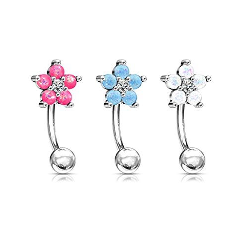 Pierced Owl 16GA Glittery Opalite Flower with CZ Center 316L Surgical Stainless Steel Cartilage Helix Daith Rook Eyebrow Curved Barbell (White)