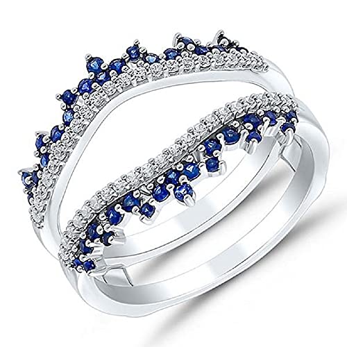 Round Cut Blue Sapphire & Simulated Diamond Engagement Wedding Band Guard Double Ring Enhancer For Her 14k White Gold Plated 925 Sterling Silver (6.5)