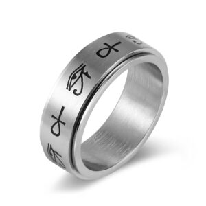 hzman man women egypt eye of horus ankh cross rotating fine tuning stainless steel ring (silver,9)